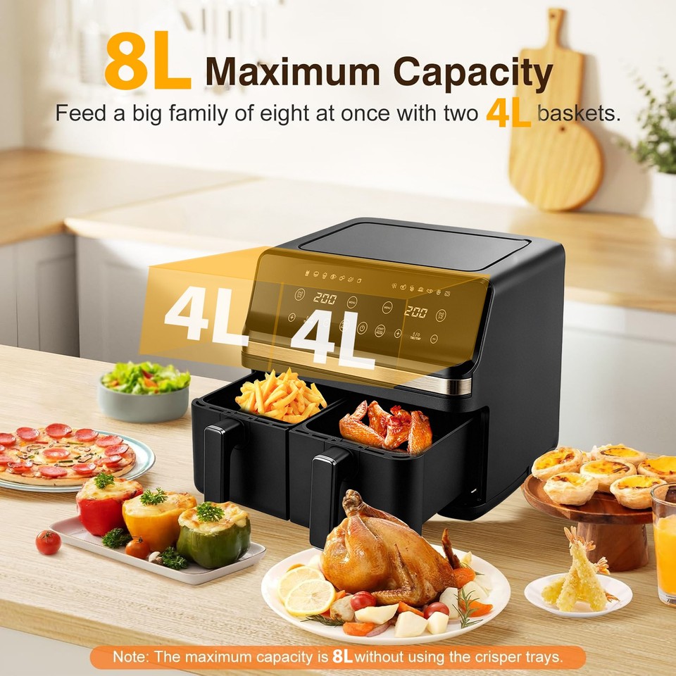 Dual Zone Air Fryer 8L Large Capacity 11 Pre-Set Menus 2200W Oil Free ...