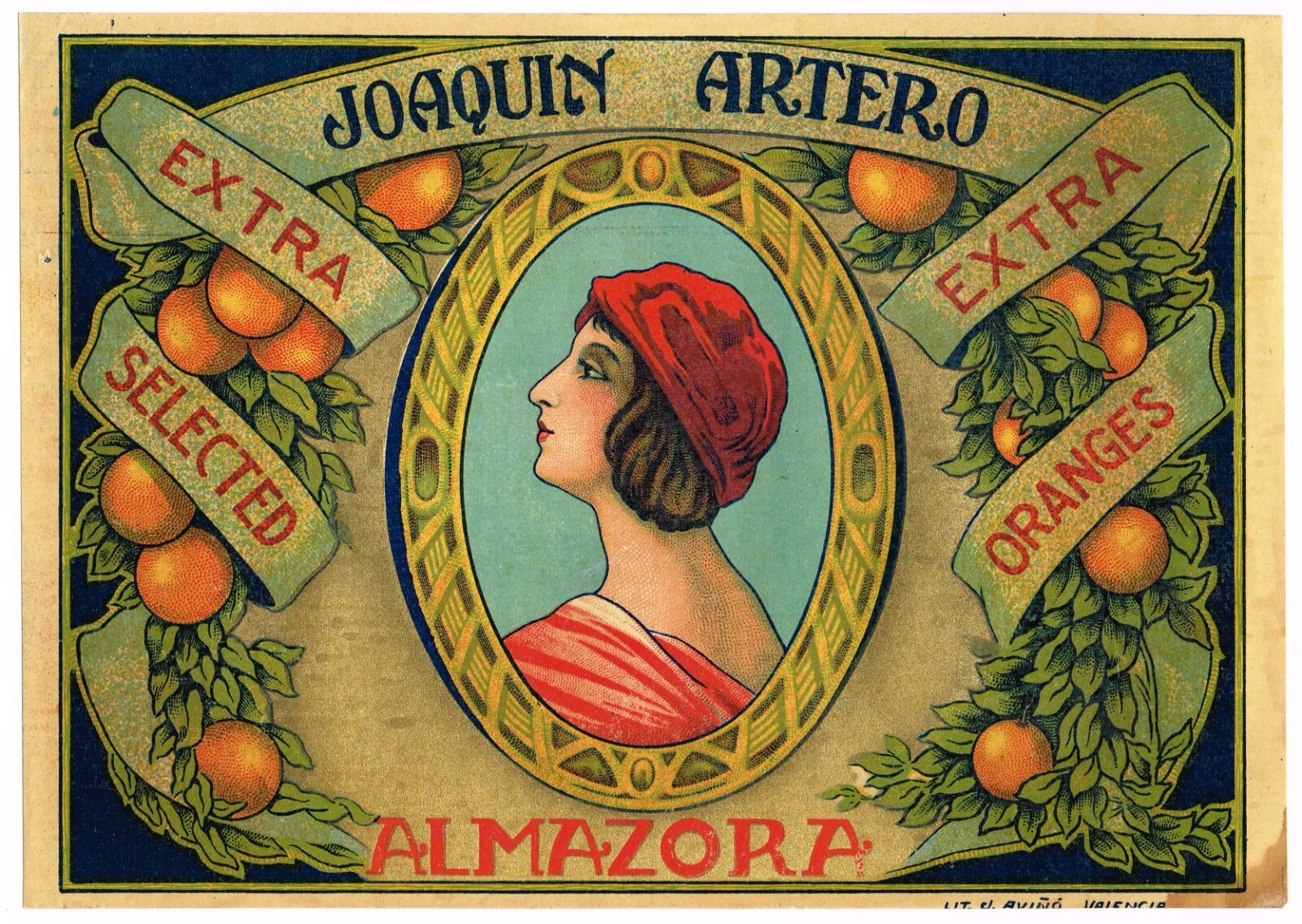 ORIGINAL CRATE LABEL SPANISH SPAIN VINTAGE C1930S ALMAZORA SPANISH LADY ...