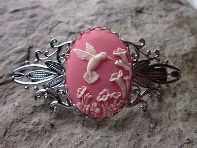 PINK HUMMINGBIRD CAMEO SILVER FILIGREE BARRETTE - BIRD - BRIDAL ...