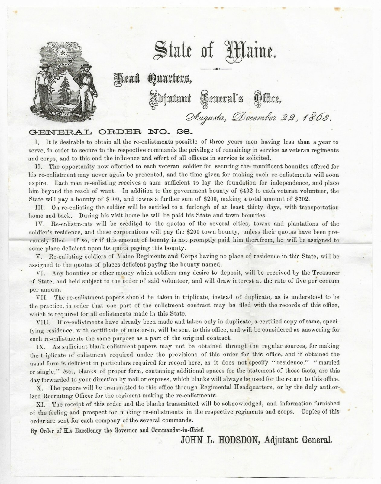 Antique 1863 MAINE CIVIL WAR General Order SOLDIER RE-ENLISTMENT Paper ...