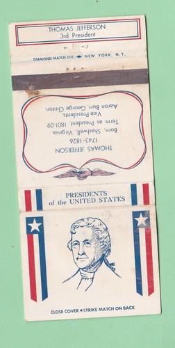 Matchbook Cover Presidents of the United States Thomas Jefferson 3rd ...