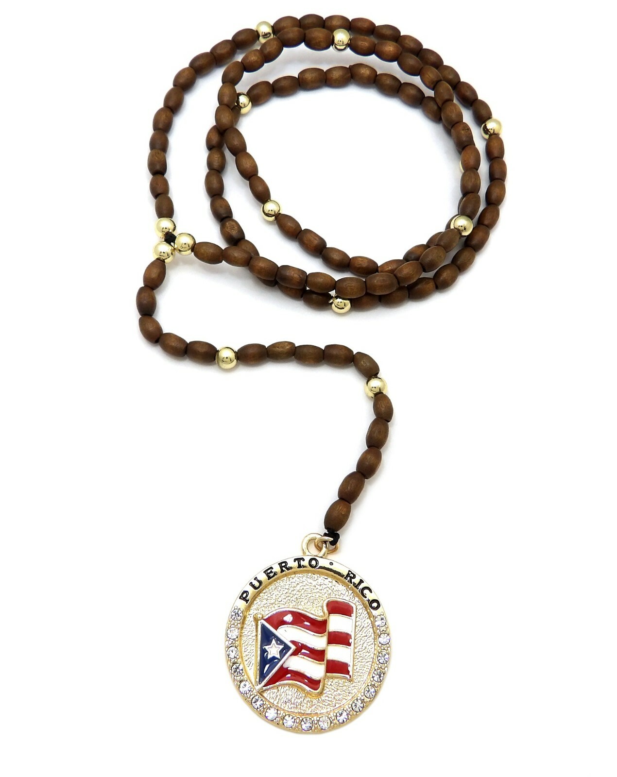 Puerto Rico PR Pendant 5mm 30" Wooden Bead Rosary Hip Hop Necklace ...