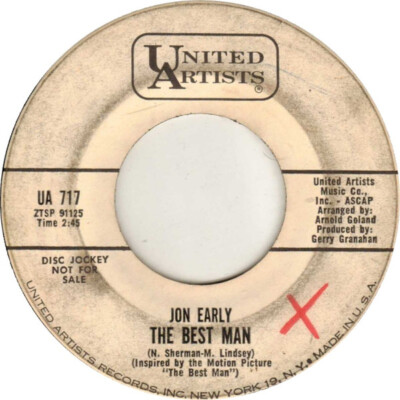 Jon Early - The Best Man 1964 7", Single, Promo United Artists Records ...