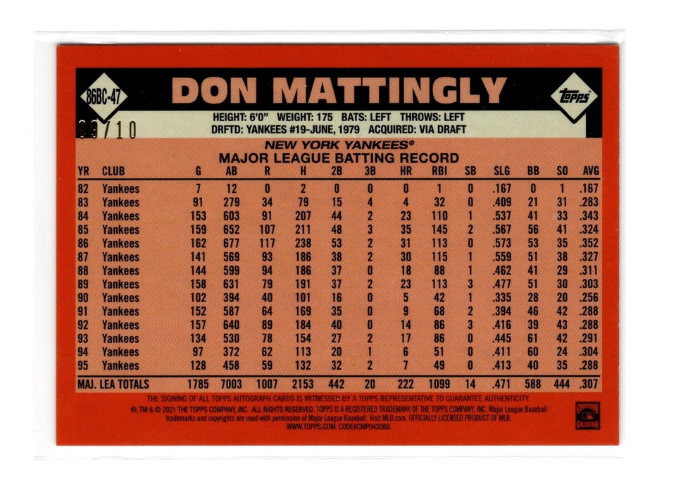 Don Mattingly 2021 Topps Silver Pack 86BC-47 Auto Mojo Refractor #/10 ...