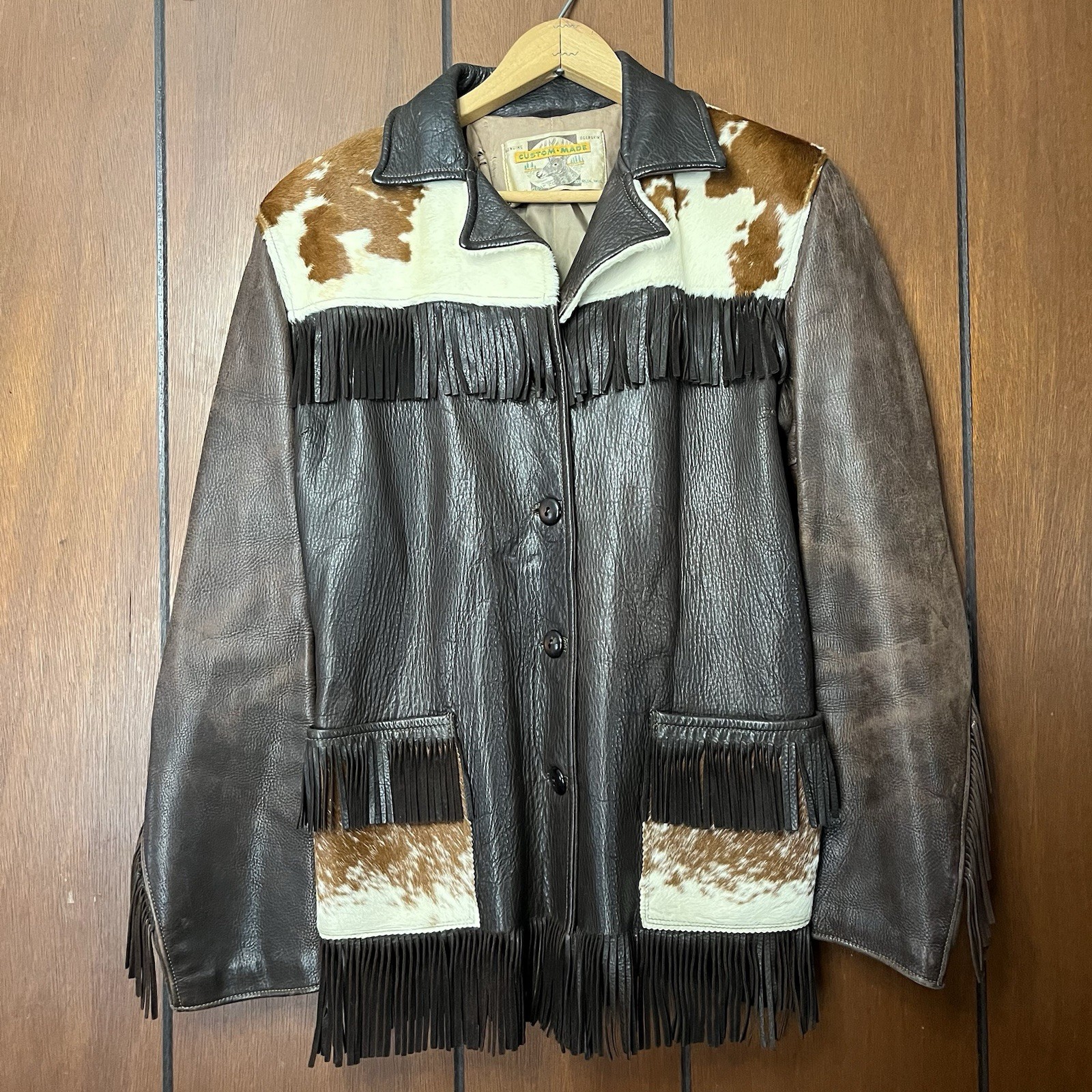 Vtg Brown Leather Jacket Fringe Deer Skin Cow Hide Ha… - Gem