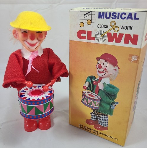Vintage Musical Clock Work Toy Clown Tin Lithi Drum Wind Up Key In Box ...