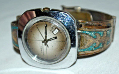 VINTAGE Timex Watch on 925 Sterling Silver w Turquoise Inlay metal ...