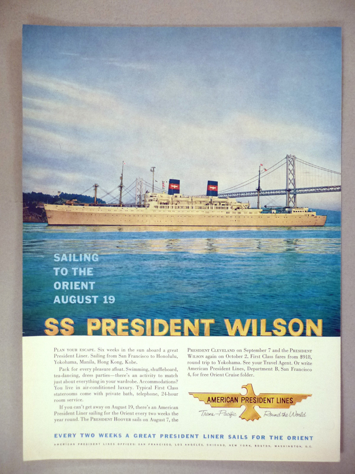 SS President Wilson Steam Ship PRINT AD - 1959 ~~ American President ...