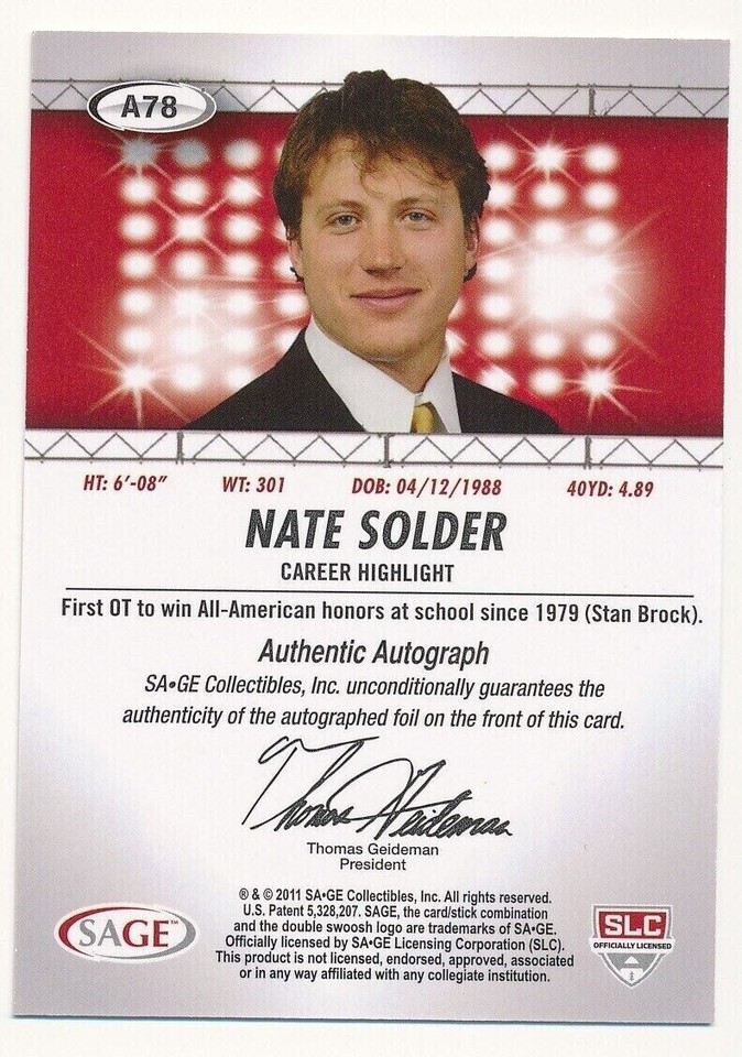 NATE SOLDER 2011 SAGE HIT SILVER #A78 ROOKIE AUTOGRAPH COLORADO RC SP ...