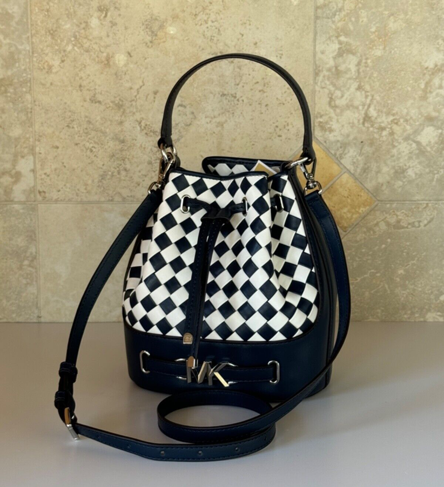 MICHAEL KORS REED MD BELTED TH BUCKET SHOULDER MESSENGER BAG WOVEN NAVY ...