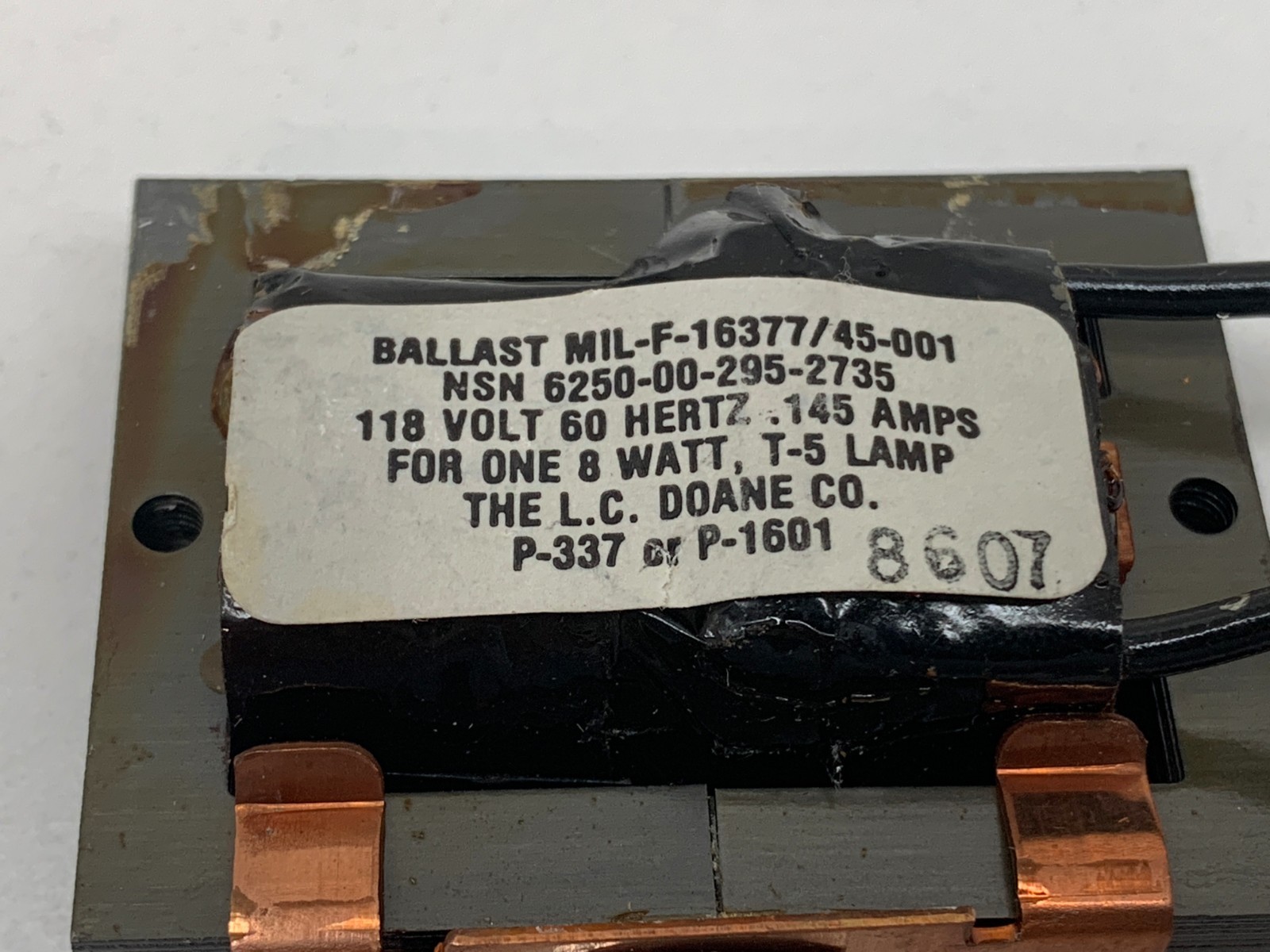 LC Doane MIL-F-16377 Fluorescent Ballast for F8T5 8W Lamp, NSN 6250-00 ...