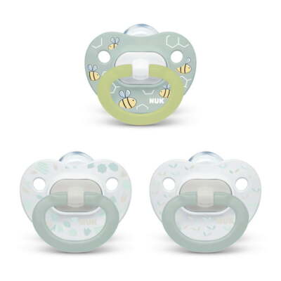 NEW NUK Orthodontic Pacifier 0-6 Month Value Pack of 3 Green Bees Glows ...