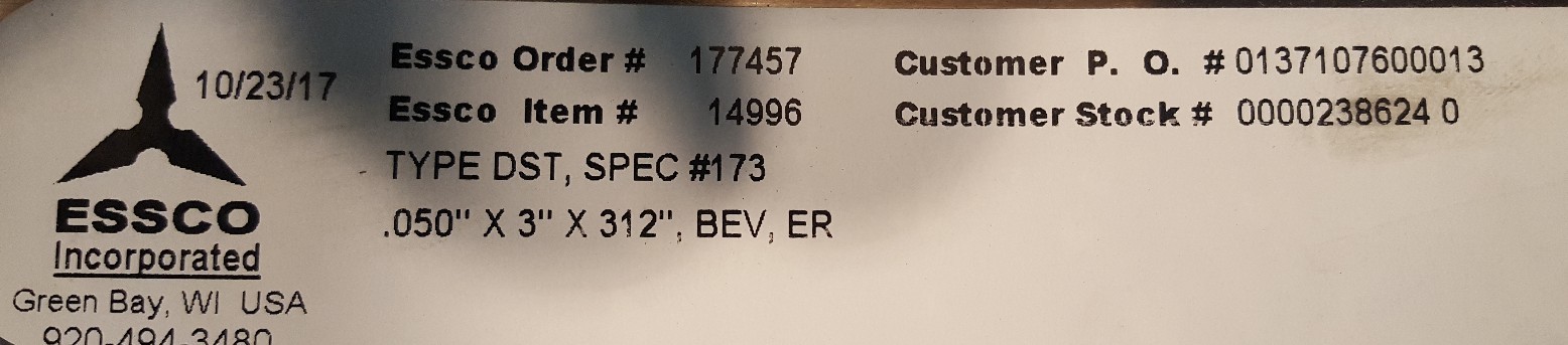 Essco Kadant Precision Ground Doctor Blade DST Spec 173 .050" x 3" x ...