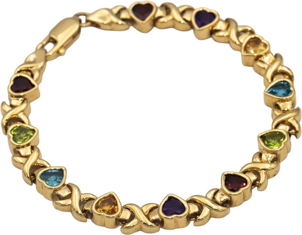 14k Yellow Gold Heart Cut Bezel Set Rainbow Assorted Gemstone Bracelet ...