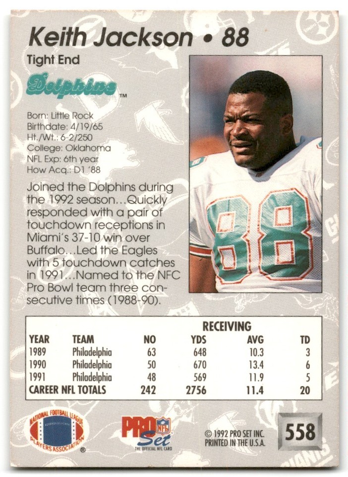 1992 Pro Set Football Card Keith Jackson #558 Miami Dolphins | eBay