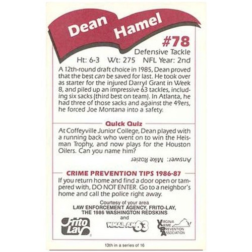 1986 Frito Lay Washington Redskins Police #13 Dean Hamel Football Card ...
