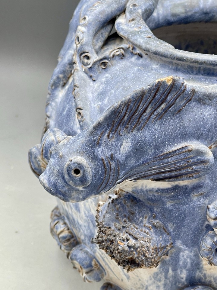 Christopher Crete Signed Glazed Pottery Sea Life Vase Octopus Fish ...