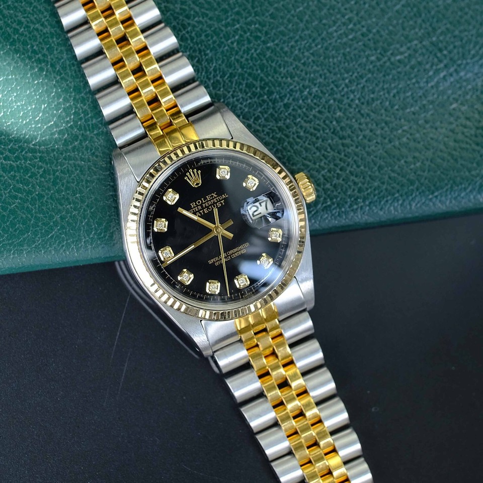Rolex Mens Datejust 1601 Gold Steel Black Diamond Dial Fluted Jubilee ...