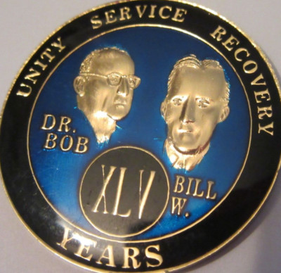 Alcoholics Anonymous 45 Year Anniversary AA Blue Medallion Gold Bill W ...