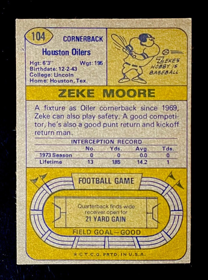 1974 Topps ZEKE MOORE #104 Houston Oilers Vintage Football Card | eBay