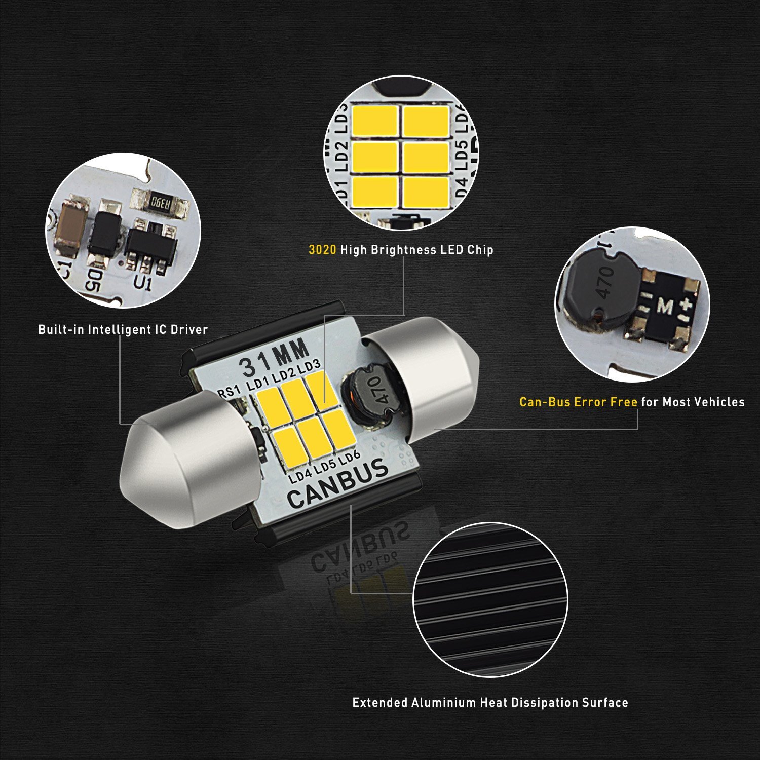 2X 31MM FESTOON 800LM LED INTERIOR DOME MAP LIGHT BULB GLOBE 12V CAR ...