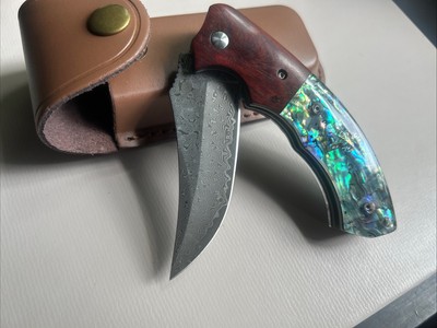 Stauer Damascus folding pocket knife with abalone & Wood Handle NIB | eBay