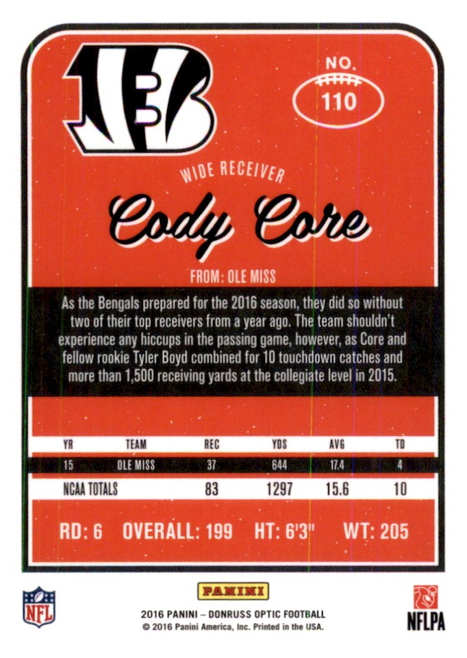 2016 Optic Cody Core Rookie RC NFL PWE Insert Bengals #110 | eBay