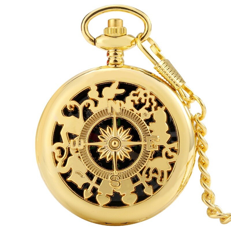 Vintage Quartz Pocket Watch Gift Golden Skeleton Compass Luxury Chain ...