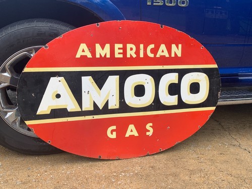 ORIGINAL "AMOCO GASOLINE" LARGE, DOUBLE SIDED PORCELAIN SIGN (50"x32 ...