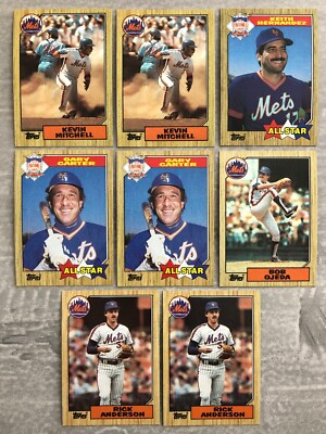(8) 1987 Topps New York Mets "Wrong Back" Baseball Error Miscut Cards w ...