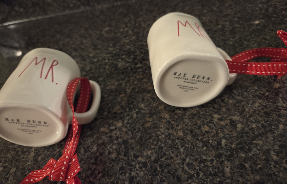Rae Dunn Christmas Ornaments: Mr & Mrs, Ivory W/ Large Red Writing ...