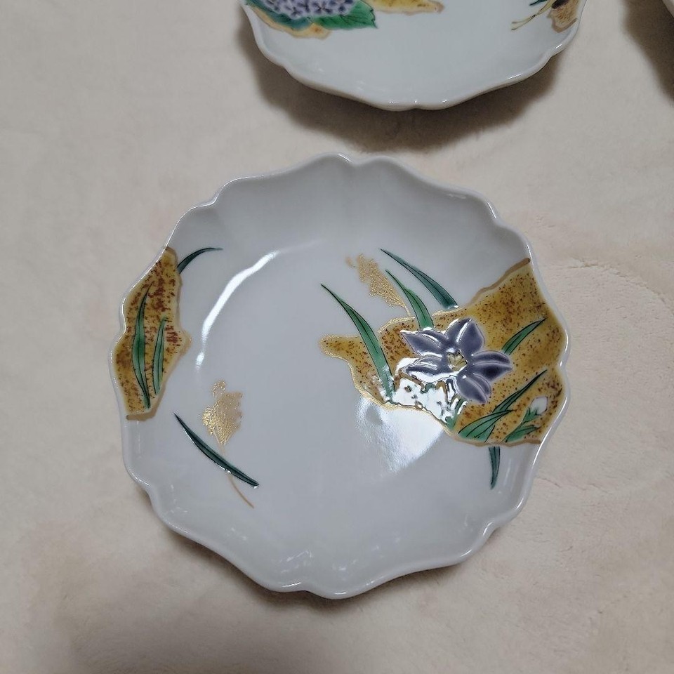 Y0127 used Kutani ware Akira Miyamoto four seasonflowers set of 4 ...