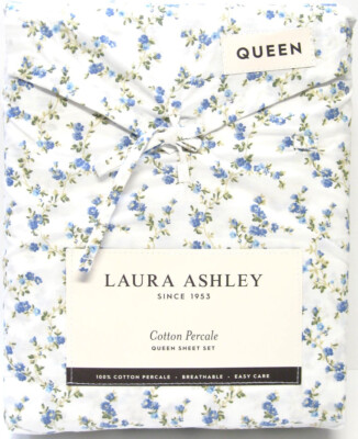 Laura Ashley 4 PC Cotton Percale Sheet Set Stratford Floral Blue on ...