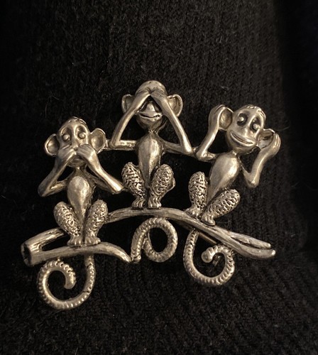 Vintage Signed Danecraft Silver Tone Hear See Speak No Evil Monkey ...