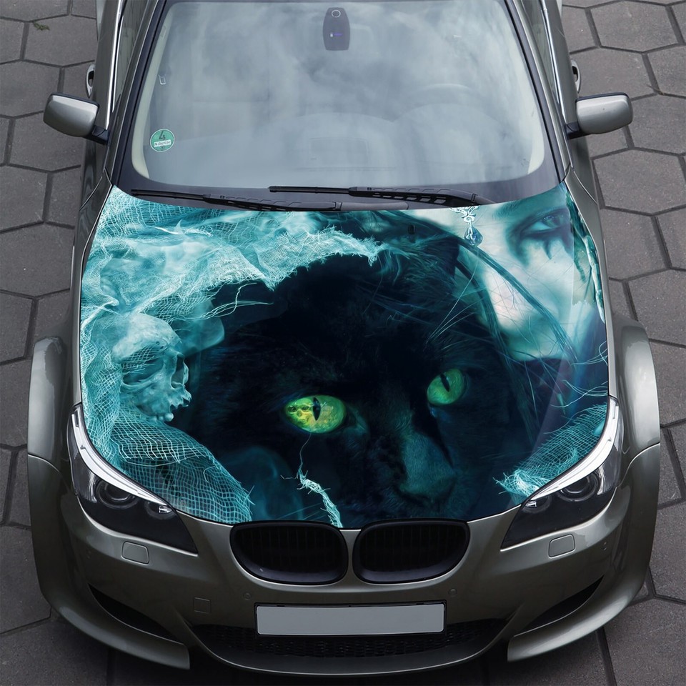 Black Cat Car Hood Wrap Decal Vinyl Sticker Full Color Graphic Fit Any ...