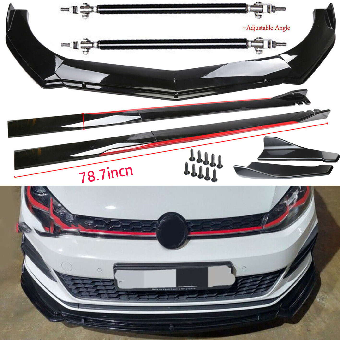 Front Bumper Lip Spoiler Splitter/Side Skirt Glossy Black For VW GOLF ...