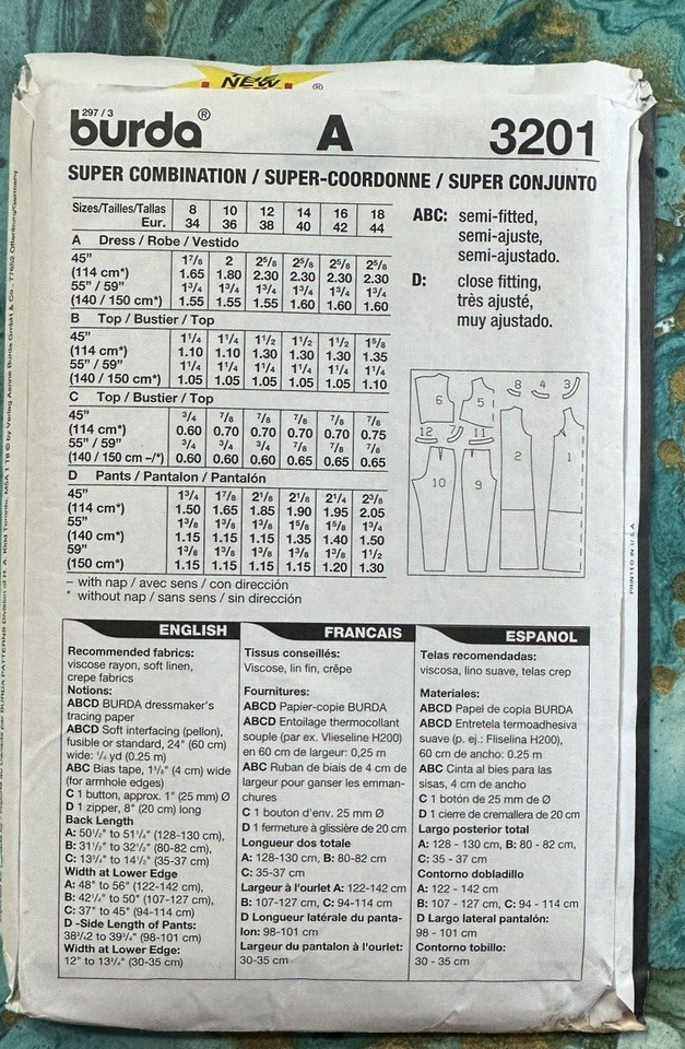 Burda 3201 Pattern Super Combo Dress Top Pants Sizes 8 to 18 Uncut OOP ...