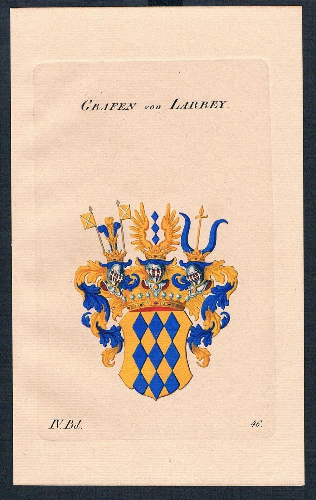 1830 Grafen von Larrey Wappen Kupferstich Genealogie Heraldik coat of ...