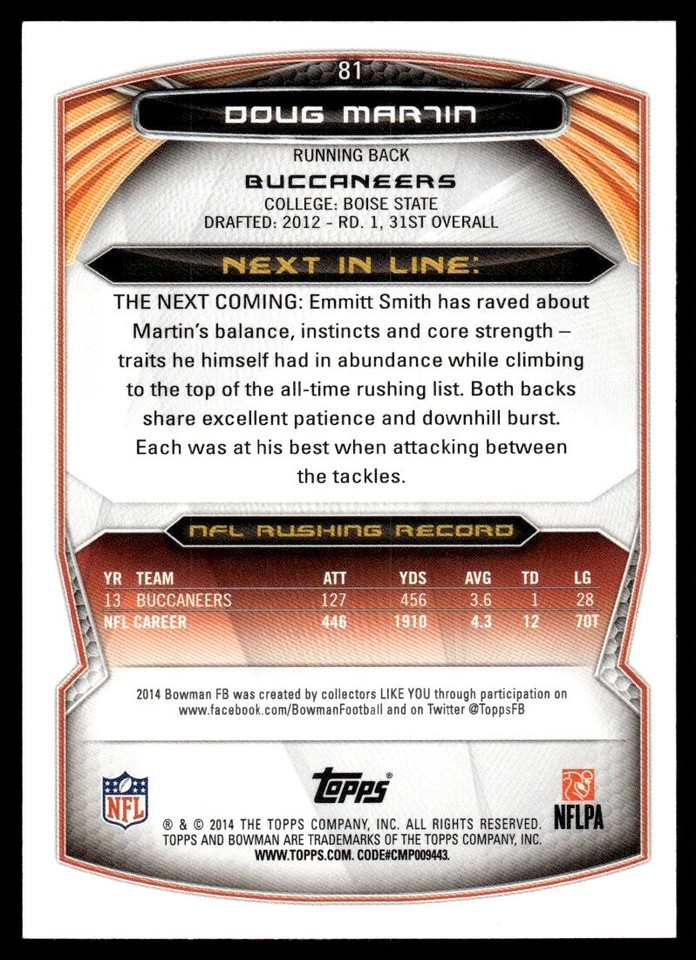 2014 Bowman Doug Martin Tampa Bay Buccaneers #81 | eBay