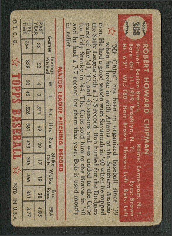 1952 TOPPS #388 BOB CHIPMAN CREASED HEAVY WEAR STAINS BOSTON BRAVES ...
