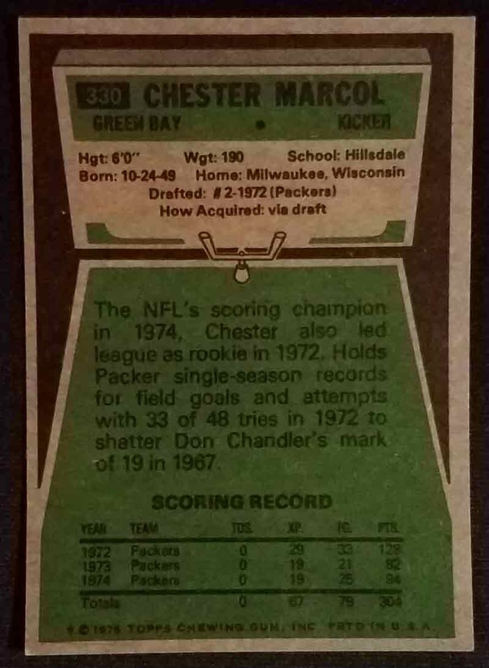 1975 Topps #330 Chester Marcol Green Bay Packers EX-MINT | eBay