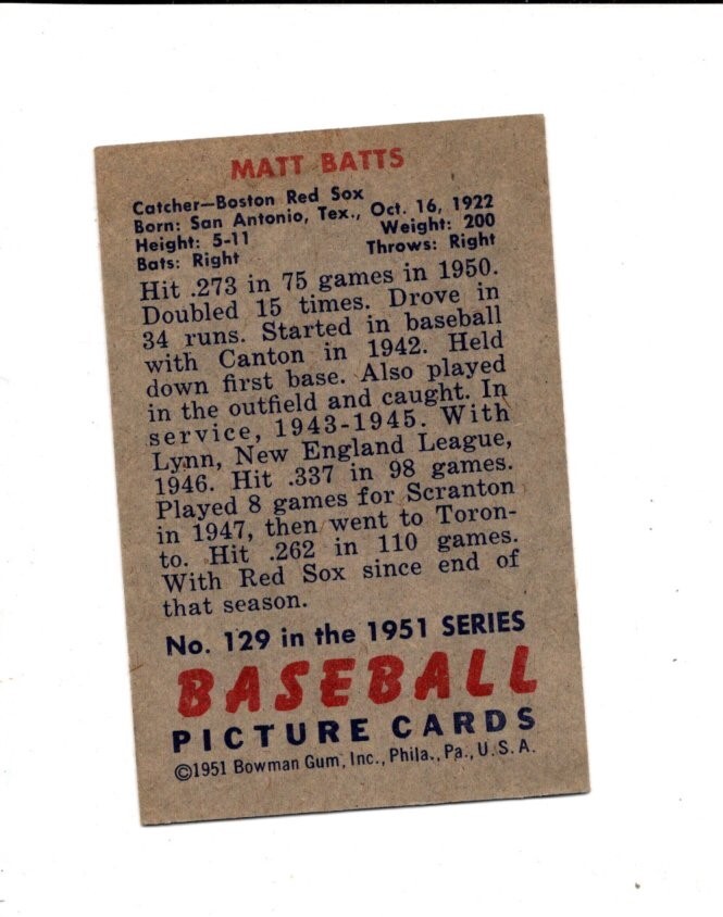 1951 BOWMAN MATT BATTS CARD # 129 BOSTON RED SOX BASEBALL CARD | eBay