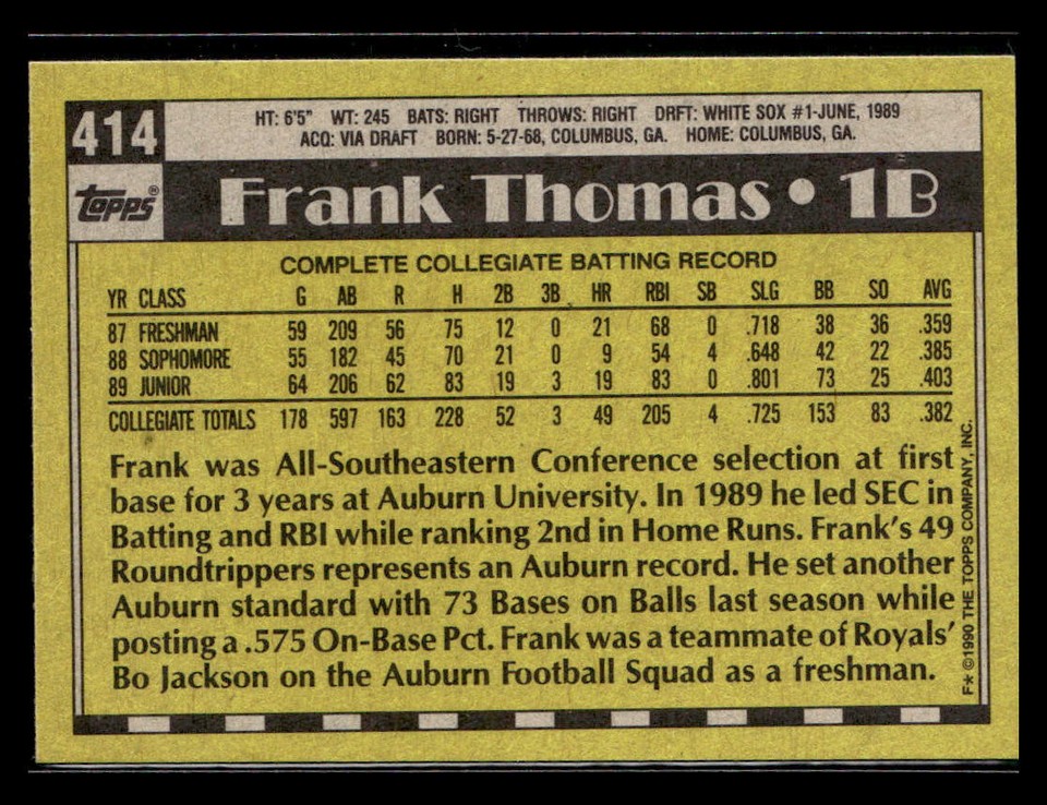 1990 Topps Baseball #414 Frank Thomas Rookie Card - NMMT+ #5060 | eBay