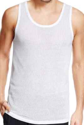 12 MENS WHITE SUMMER MESH VEST MEN SPORTS GYM DAILY VESTS 100% COTTON S ...