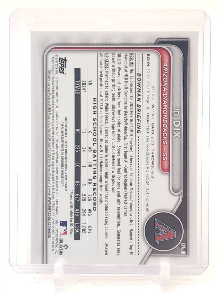 JD DIX 2024 BOWMAN CHROME DRAFT 1ST AUTOGRAPH DBACKS AUTO Q1300-F | eBay