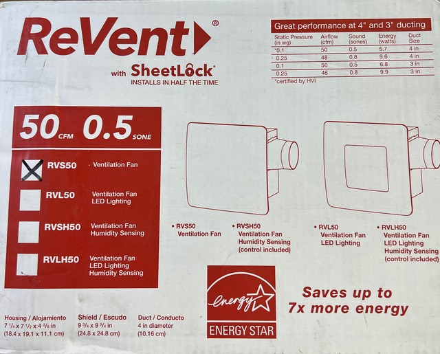 Revent Rvs50 50 CFM Bathroom Ventilation Fan 4in White Easy Install for ...