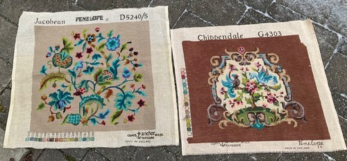 VINTAGE Completed NEEDLEPOINT LOT Penelope Canvas Old English REPURPOSE ...