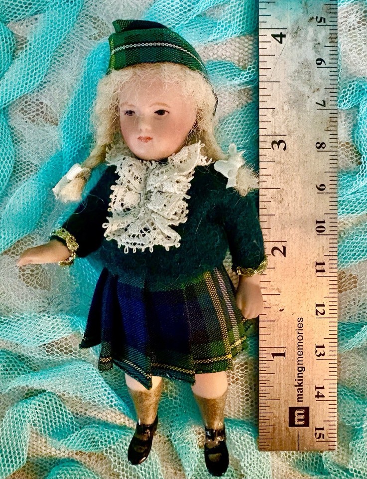 German Bisque Doll With Sculptured Hair And Scottish Costume/ 3” Doll ...