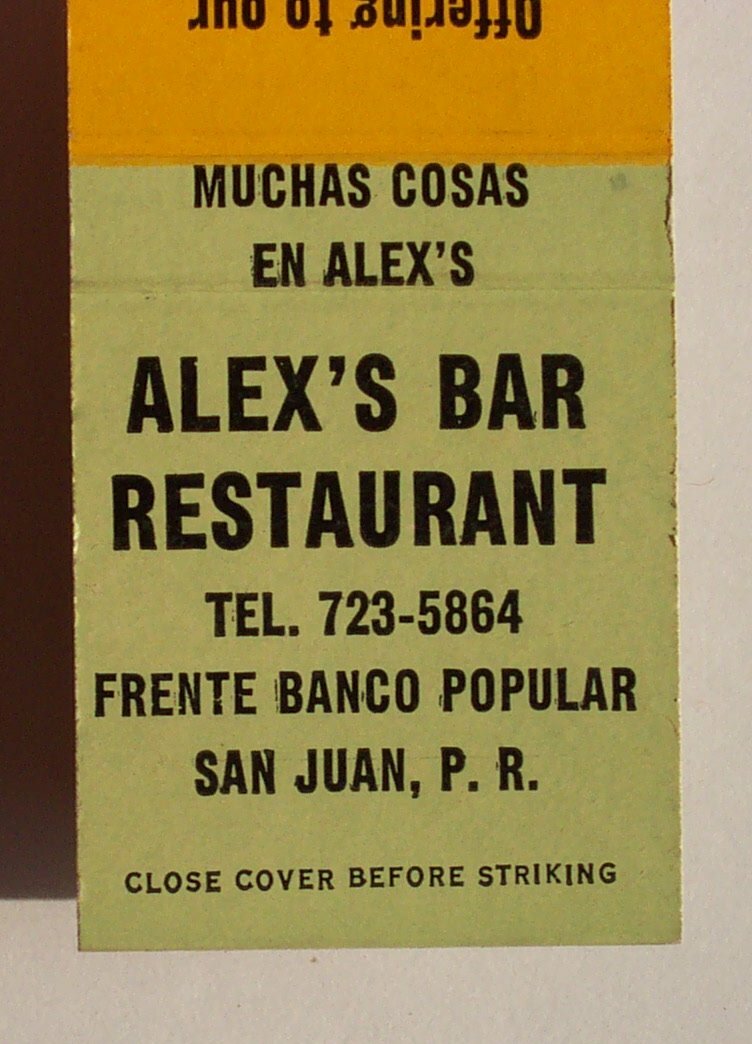 1960s Alex's Bar Restaurant San Juan PR Matchbook Puerto Rico | eBay