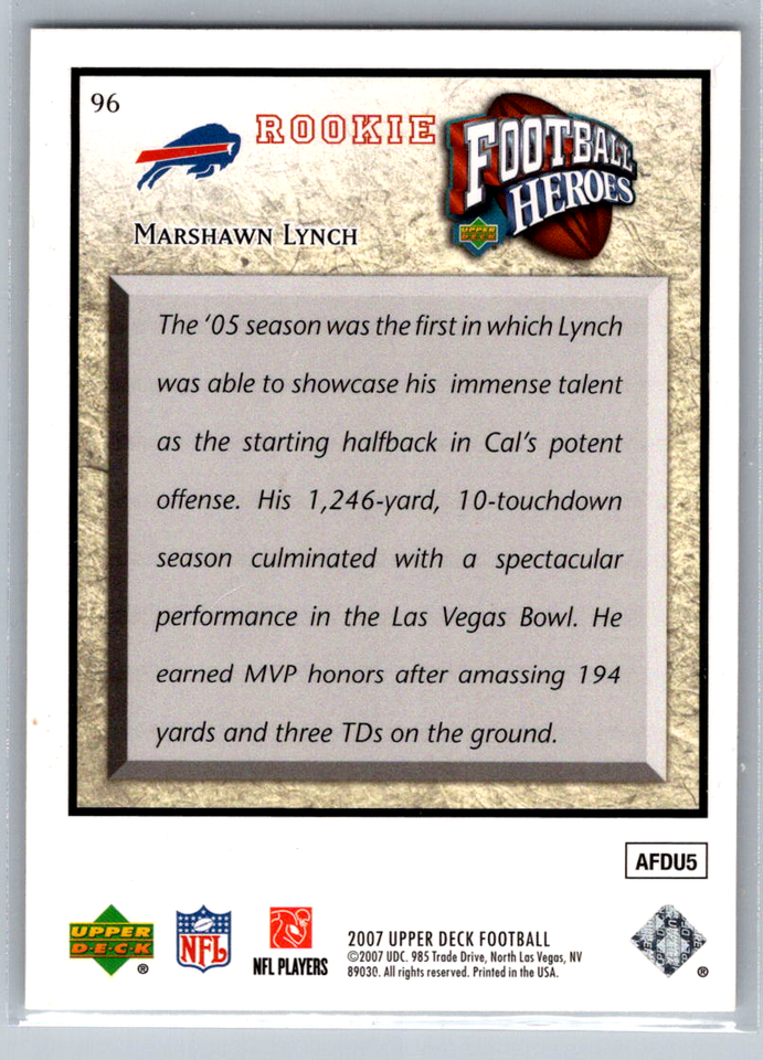 2007 Upper Deck Football Heroes Marshawn Lynch #96 - Rookie Card ...